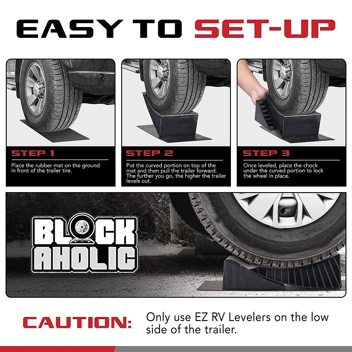 EZ RV Leveler - Curved Leveling Ramp with Chocks and Rubber Mat - RV Trailer Camper Leveling Blocks - 2 Pack for Tandem Axle Campers