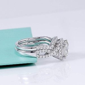 DovEggs Sterling Silver Center 2ct 7.5X7.5mm G-H-I Color Cushion Cut Created Moissanite Halo Engagement Ring Bridal Set 2 Pieces(8)