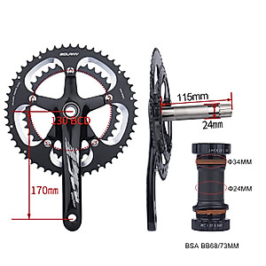 BOLANY 170mm Bike Crankset Double Speed Round 39/53T Chainring 130BCD Hollow Integrated 9S/10S with Bottom Bracket Fit for Road Bike Cranksets