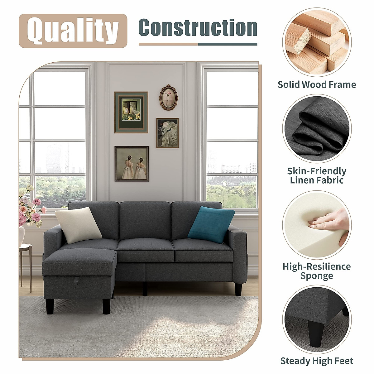 Yattem Convertible Sectional Sofa Couch, 3Seat L-Shaped Sectional Sofa Couch,Dark Gray Linen Sofa Furniture Sets with Reversible Storage Ottoman & Storage Pockets for Living Room Apartment Small Space