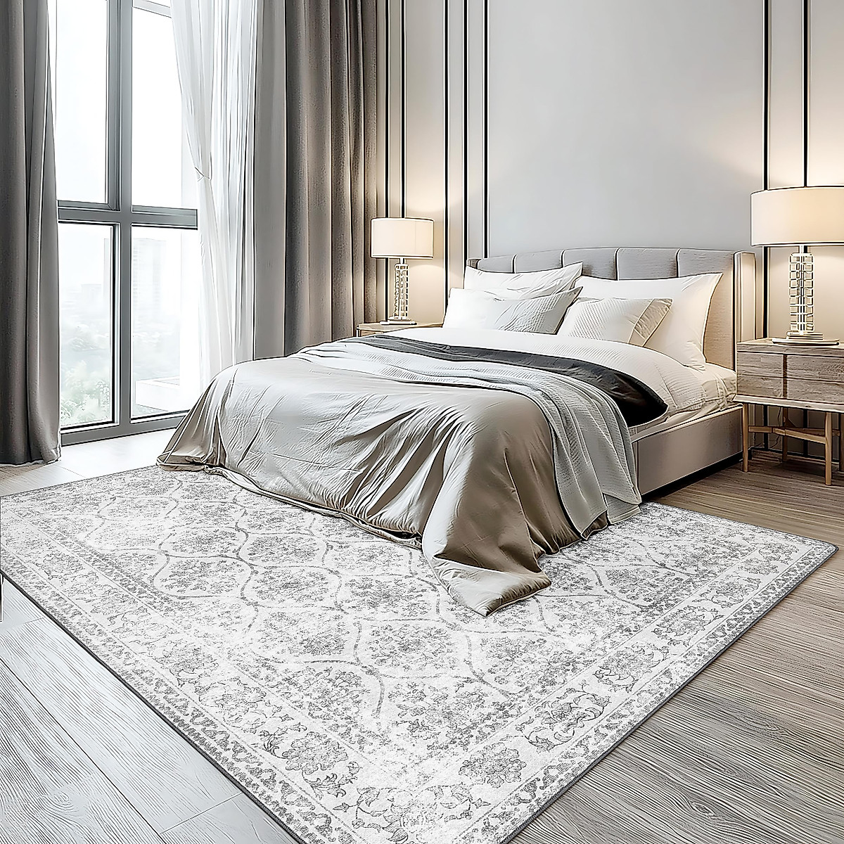 BEIMO Area Rugs 3X5 for Living Room Bedroom, Machine Washable Rug Vintage Floral Print Indoor Floor Cover，Lightweight Non Slip Backing Thin Rug with Gripper, Distressed Cream/Gray