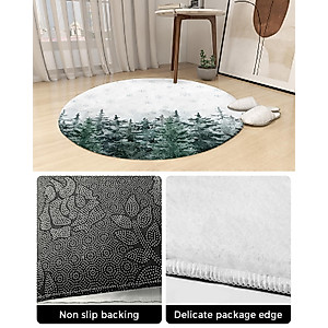 Christmas Fluffy Round Area Rug Carpets 3.3ft, Plush Shaggy Carpet Soft Circular Rugs, Non-Slip Fuzzy Accent Floor Mat for Living Room Bedroom Nursery Decor Forest Winter Pine Tree Snowflake Green