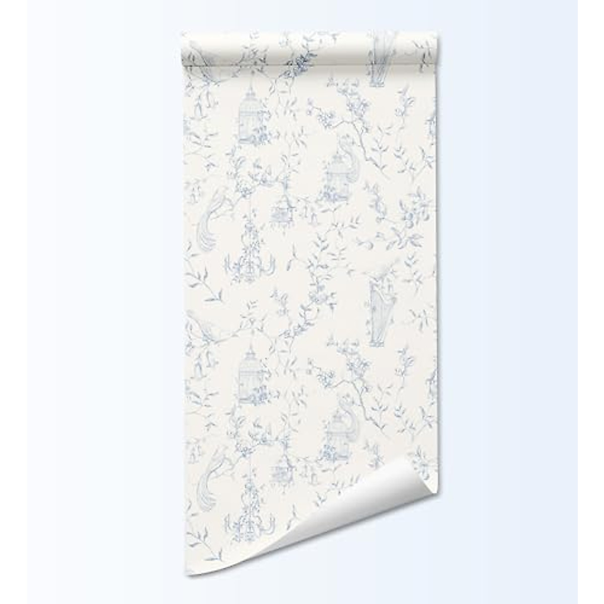 RollsRolla Toile Wallpaper Modern Farmhouse Wallpaper Peel and Stick Wallpaper Vintage Ivory Beige Neutral Blue and White with Birds and Flowers for Accent Wall Bedroom Bathroom