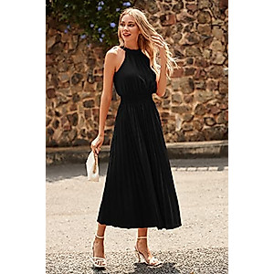 PRETTYGARDEN Women's Long Sun Dresses 2023 Sleeveless Halter Neck Flowy Pleated Maxi Cocktail Dress (Black,Large)