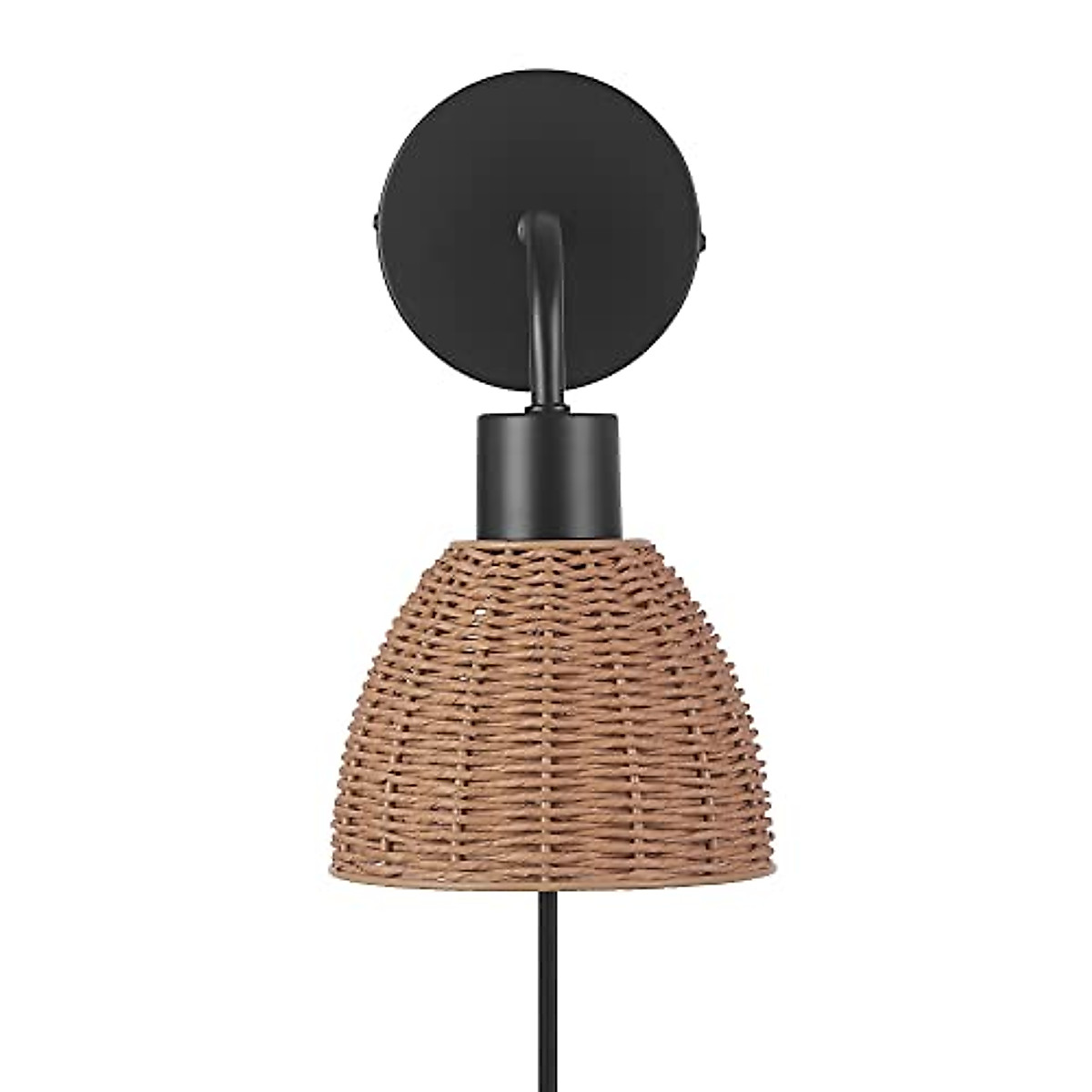 Globe Electric Briar 1-Light Plug-in or Hardwire Wall Sconce, Matte Black, Rattan Shade, 6ft Black Braided Fabric Designer Cord, in-Line On/Off Rocker Switch, Bulb Not Included
