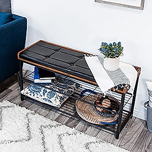 AVAFORT Two Layer Shoe Bench with PU Leather Padded Seat Top, Metal Frame, Rustic Brown