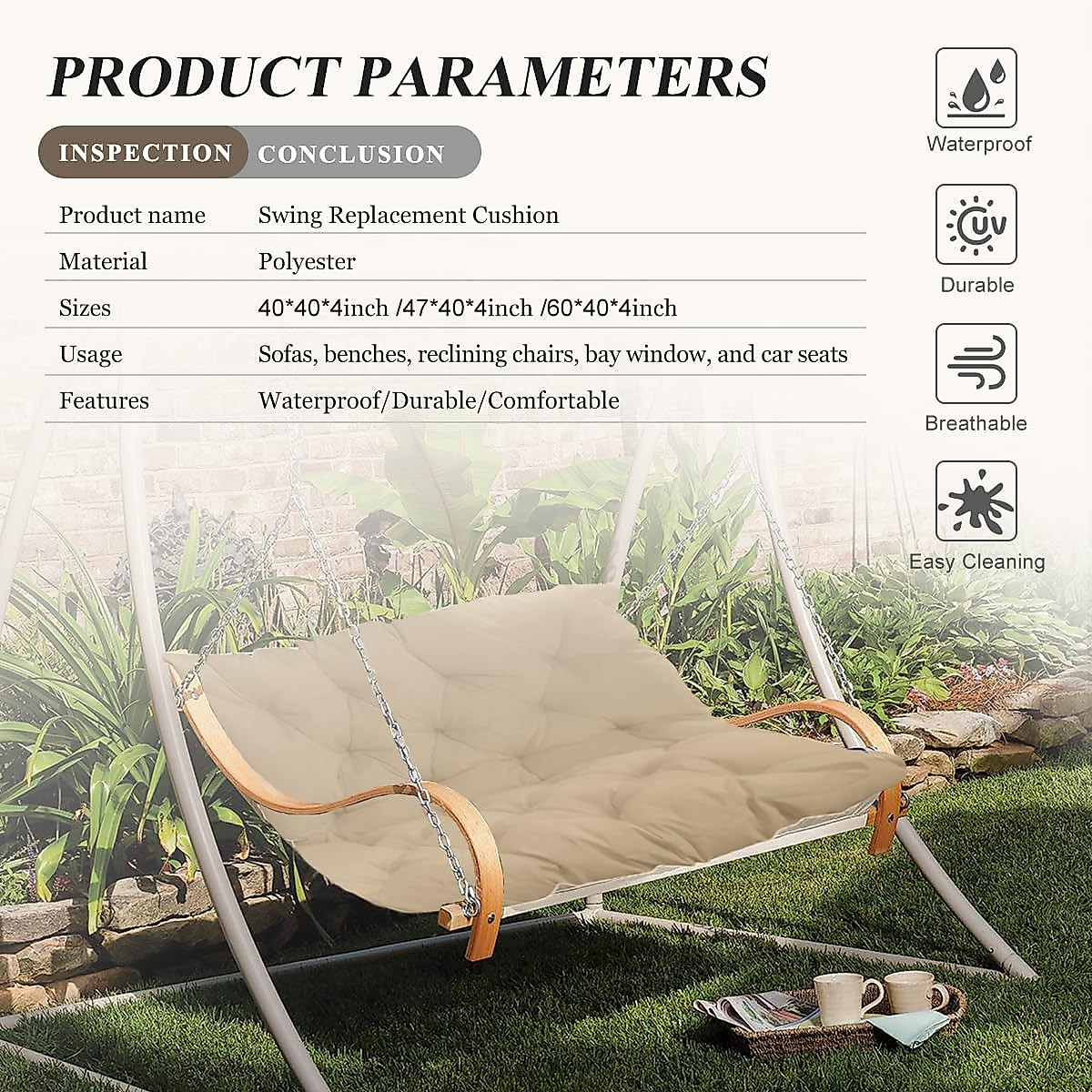 Outdoor/Indoor Swing Replacement Cushion, 2 or 3 Seats Bench Cushions with Backrest, Thicken 4" Recliner Seat Pad for Garden/Patio, Waterproof Premium Tufted Cushion with Ties(Light Grey-40x40x4in)