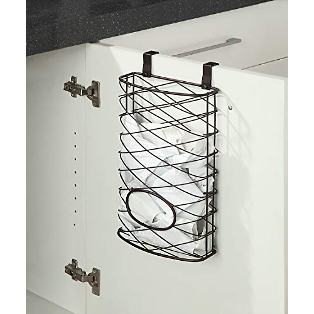 SunnyPoint Over Cabinet Kitchen Storage Organizer Holder or Basket - Hang Over Cabinet Doors in Kitchen/Pantry - Holds up to 50 Plastic Shopping Bags (BROWN)