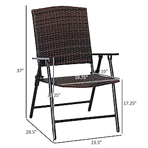 Outsunny PE Plastic Rattan Folding Chair Set, 4 Pack, Outdoor Wicker Seats w/Armrests, Steel Frame, Mixed Brown