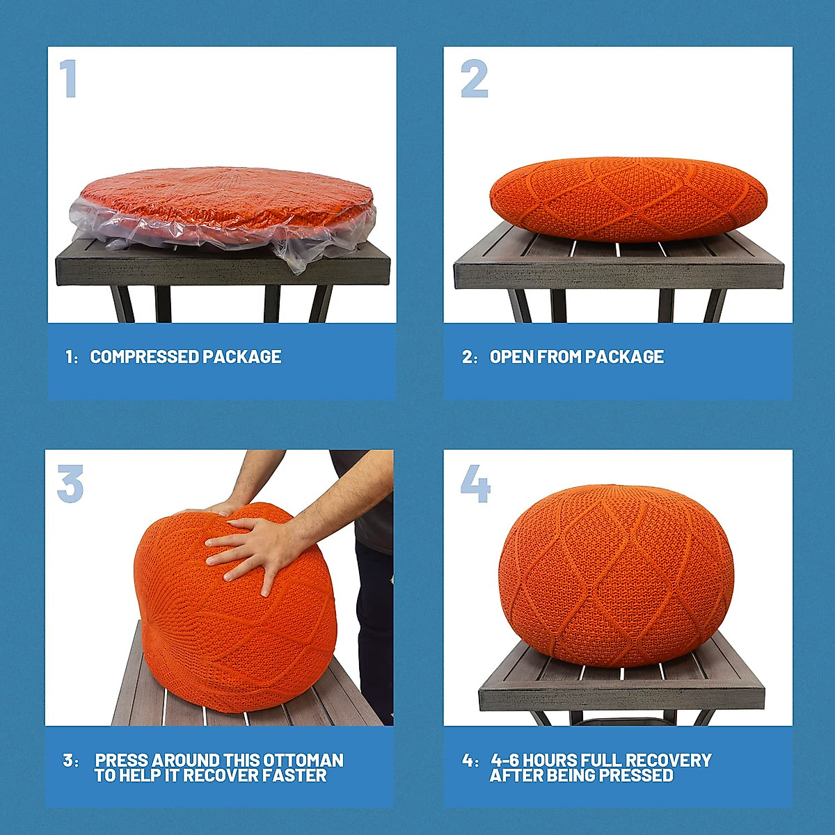 ARTPLAN Outdoor Pouf Ottoman Foot Rest Hand Weaving Knight Home Nahunta Pouf Round Kintted Olefin,Orange