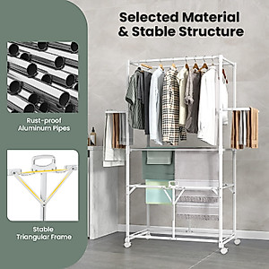 GOFLAME Foldable Clothes Drying Rack, Collapsible Laundry Rack Stand with Hanging Rods, Folding Side Shelves, Removable Middle Shelf, Garment Drying Rack with 4 Universal Wheels for Indoor Outdoor Use
