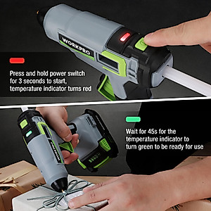 WORKPRO 20V Cordless Hot Melt Glue Gun Kit, 2.0 Ah Li-ion Battery Powered Rechargeable Full Size Hot Glue Gun, 45S Fast Preheating, Heavy Duty Wireless Glue Gun with 12 Pcs Glue Sticks for DIY & Craft