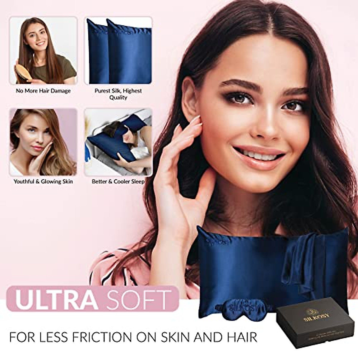 Mulberry Silk Pillowcase for Hair and Skin with Hidden Zipper, 22 Momme 100% Real Silk Pillow Case with Sleep Mask, Premium Grade 6A Silk Promotes Soft Skin, 900 Thread Count