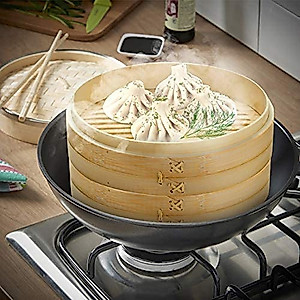 Prime Home Direct Bamboo Steamer Basket 10-inch | 2-Tier Steamer for Cooking | 50 Liners, Chopsticks & Sauce Dish | Dumpling Steamer, Food Steamer Baskets for Cooking - Rice & Vegetable Steamer Pot