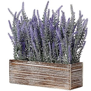 DILATATA Lavender Flowers Artificial Lavender Decor Fake Lavender Plant in Rustic Wooden Pot Faux Plants in Pots for Home Bathroom Table Centerpieces Wedding Decor Potted Lavender Flower Purple Decor