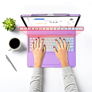SENGBIRCH Touch Keyboard Case for iPad Pro 12.9-inch (3rd, 4th, 5th, 6th Generation) - 7 Colors RGB Backlit, 360° Swivel Hard Shell with Pencil Holder, Purple