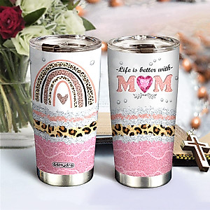 20oz Life is Better with Mom, Grandma, Mother Gifts, Coffee Thermos for Women, Stainless Steel Double Wall Vacuum Insulated Coffee Mug, Travel Cup with Lid