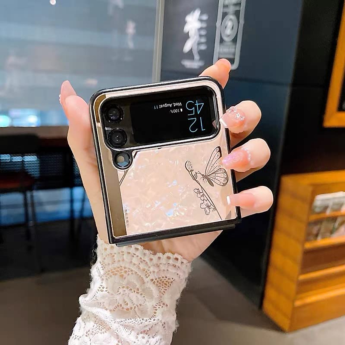 for Samsung Galaxy Z Flip 4/ Z Flip 3 Case for Women Girls with Stand,Luxury Bling Glitter Cute Butterfly Flower Soft TPU Shockproof Phone Case for Samsung Galaxy Z Flip 4/ Fip 3 Pink