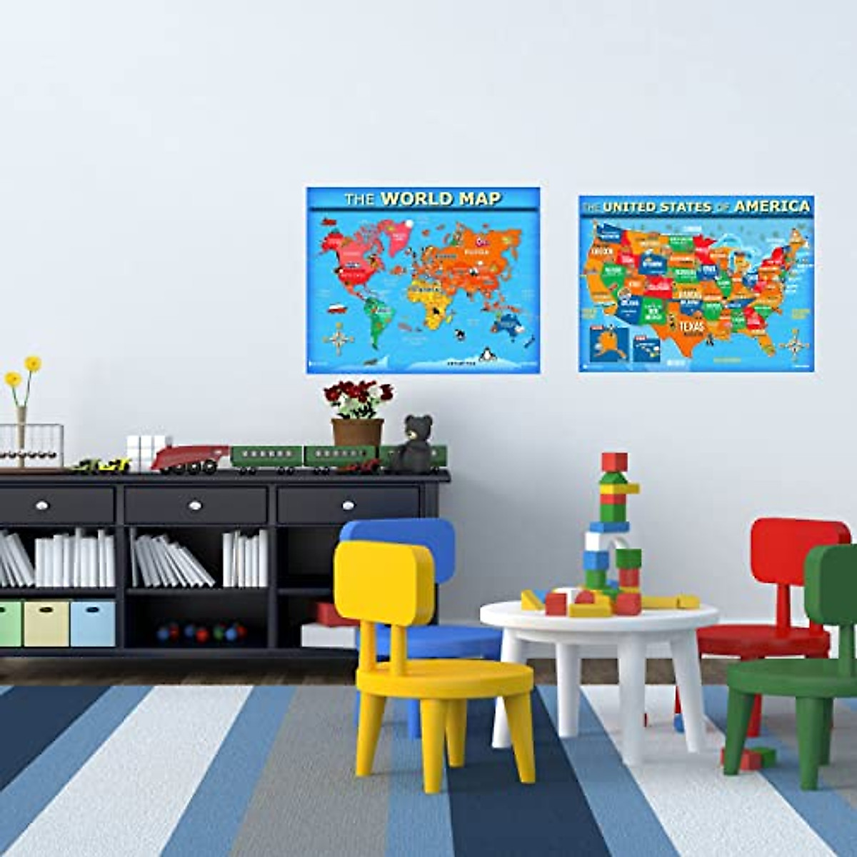 USA and World map poster 2 pack for kids Laminated large illustrated Light blue Young N Refined 15x20)