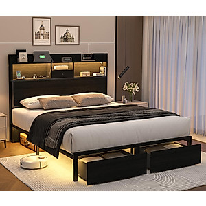DOGIBIXO Queen Bed Frame with Tall Bookcase Headboard and LED Lights, 51.2" Metal Platform Bed Frames with Storage Drawers & Charging Station, No Box Spring Needed, Easy Assembly, Noise Free, Black