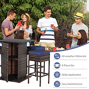 Tangkula 5 Piece Outdoor Rattan Bar Set, Patio Bar Furniture with 4 Cushions Stools and Smooth Top Table with Hidden Storage Shelf, Outdoor Conversation Set for Poolside, Backyard, Lawn (Navy Blue)
