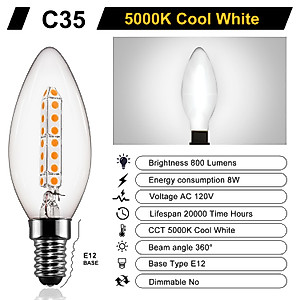 NS Light Bulbs E12 ETL Listed Not Dimmable Candelabra LED Light Bulbs 100W Equivalent，B11 High Brightness Daylight White 5000K，Clear Glass，6 Pack