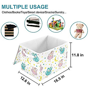 CaTaKu Owls Moon Stars Storage Bins with Lids and Handles, Fabric Large Storage Container Cube Basket with Lid Decorative Storage Boxes for Organizing Clothes