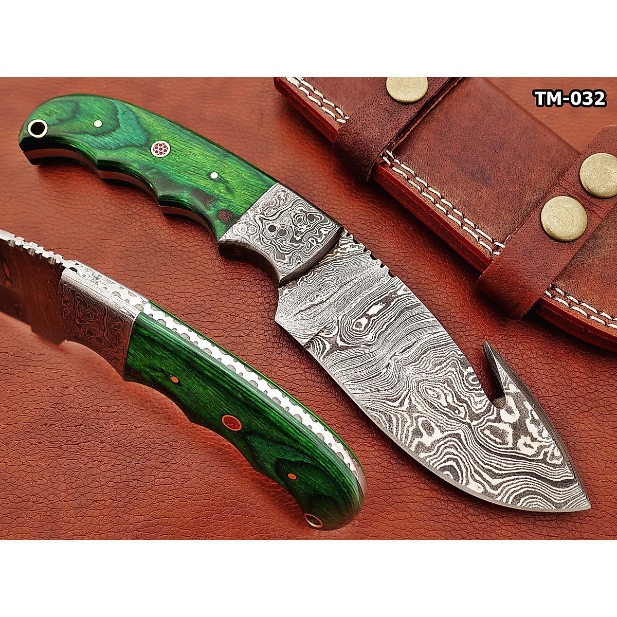 9.5" Hand Forged Damascus Steel Gut Hook Skinning Knife, Green Wood Scale with Damascus Bolster, Full Tang Blade Twist Pattern Drop Point Blade, Cow Hide Leather Sheath