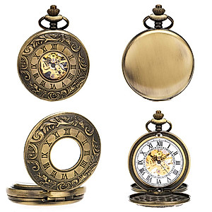 ManChDa Pocket Watch - Engraved Bronze Retro Vintage Double Hunter Series Skeleton Dial Delicate Mechanical Movement + Gift Box
