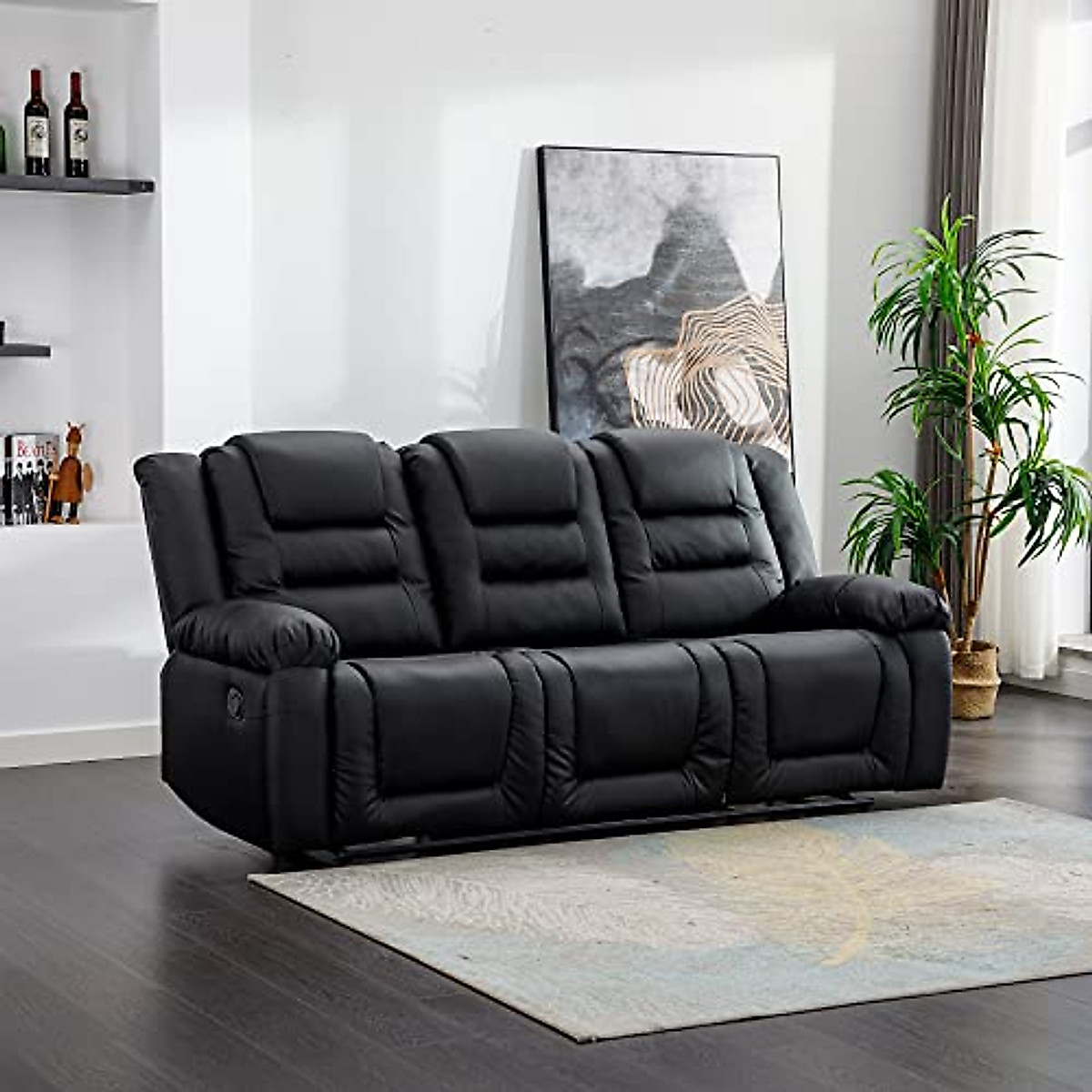 ERYE Faux Leather Manual Motion 3 Seaters Sectional Sofa Couch with 2 Cup Holders and Two Recliner Chaise, PU Wall Hugger Sofa & Couch for Home Office Theater Apartment RV Living Room Furniture Sets
