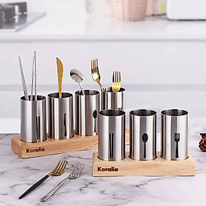 Koralia Home Stainless Steel Flatware & Silverware 3PC 4PC Organizer Organiser Cutlery Holder with Wood Base for Spoons, Forks, Knives – Ideal for Kitchen, Dining, and Much More (3PCS)