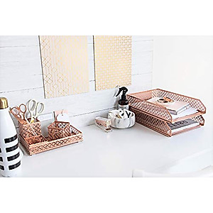 Blu Monaco Office Supplies Rose Gold Desk Accessories for Women-6 Piece Interlocking Stylish Desk Organizer Set- Pen Cup, 3 Accessory Trays, 2 Letter Trays-Rose Gold Paper Tray Holder