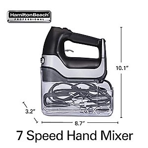 Hamilton Beach Professional 7-Speed Digital Electric Hand Mixer with High-Performance DC Motor, Slow Start, Snap-On Storage Case, SoftScrape Beaters, Whisk, Dough Hooks, Matte Black (62655)