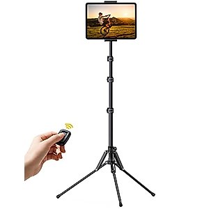 Lamicall Tablet Floor Tripod Stand - 64.9" Tablet Holder Mount with Adjustable Height for Stream/Watching with Bluetooth Remote, for iPad Pro 12.9, Mini, Air, iPhone and 4.7-13" Tablet and Cellphone