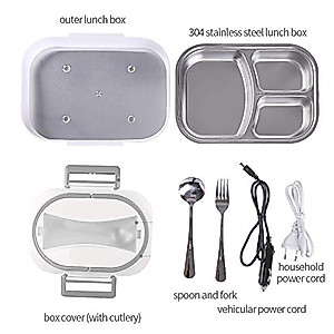 CTSZOOM Electric Lunch Box Food Warmer for Car Truck and Home Portable Food Warmer Heater 3 compartment Container with Spoon and Fork Lunch Box White