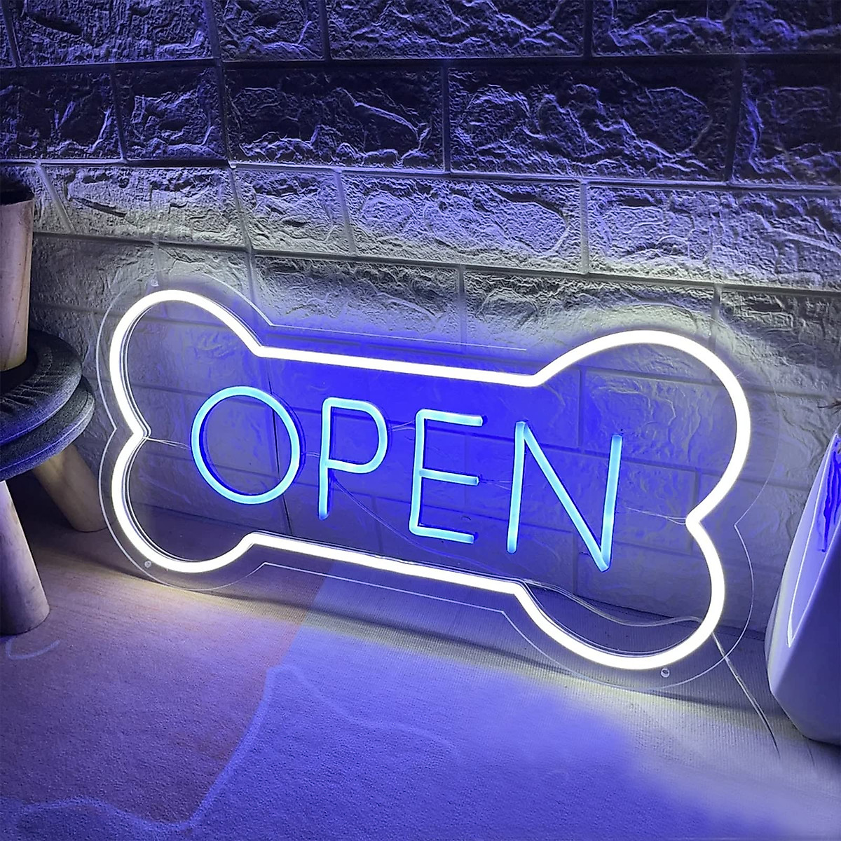Fomzze Pet Shop Open Neon Sign,Open Neon Sign Custom,Dog Bone Neon Sign Art,Pet Shop Welcome Sign,Custom Shop Signage Handmade Personalized Gift Light Wall Decor Beauty Room Decoration