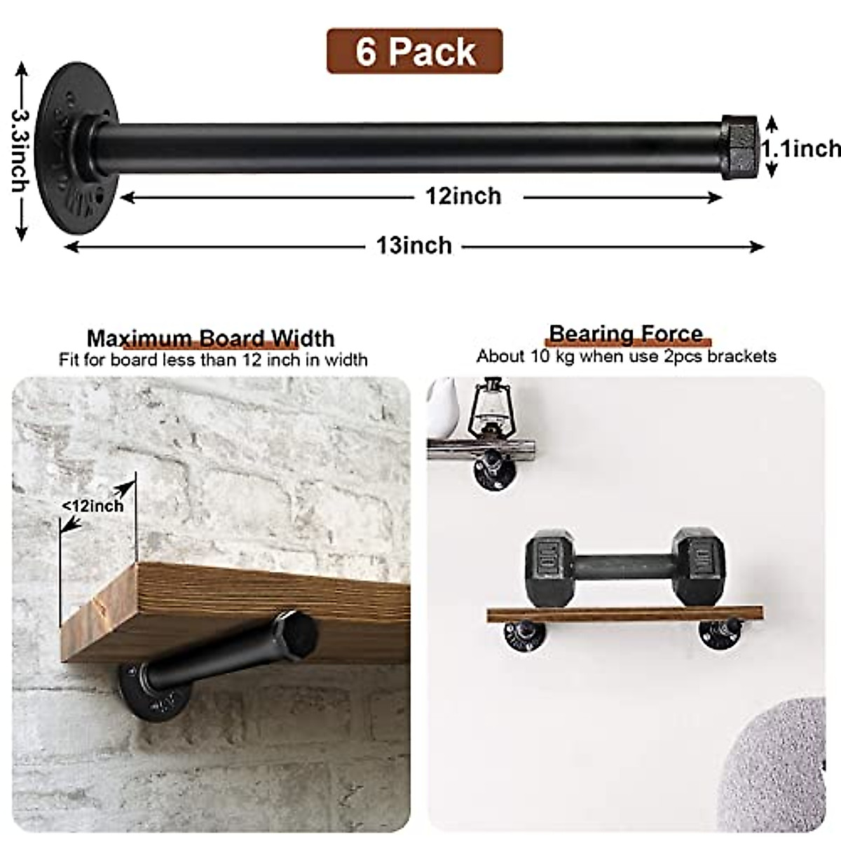 Pintuson 6 Pcs Industrial Pipe Clothes Bar 12 Inch - Wall Mount Clothing Rack - Face Out Wall Clothing Rods for Commercial Retail Boutique Shirt Display