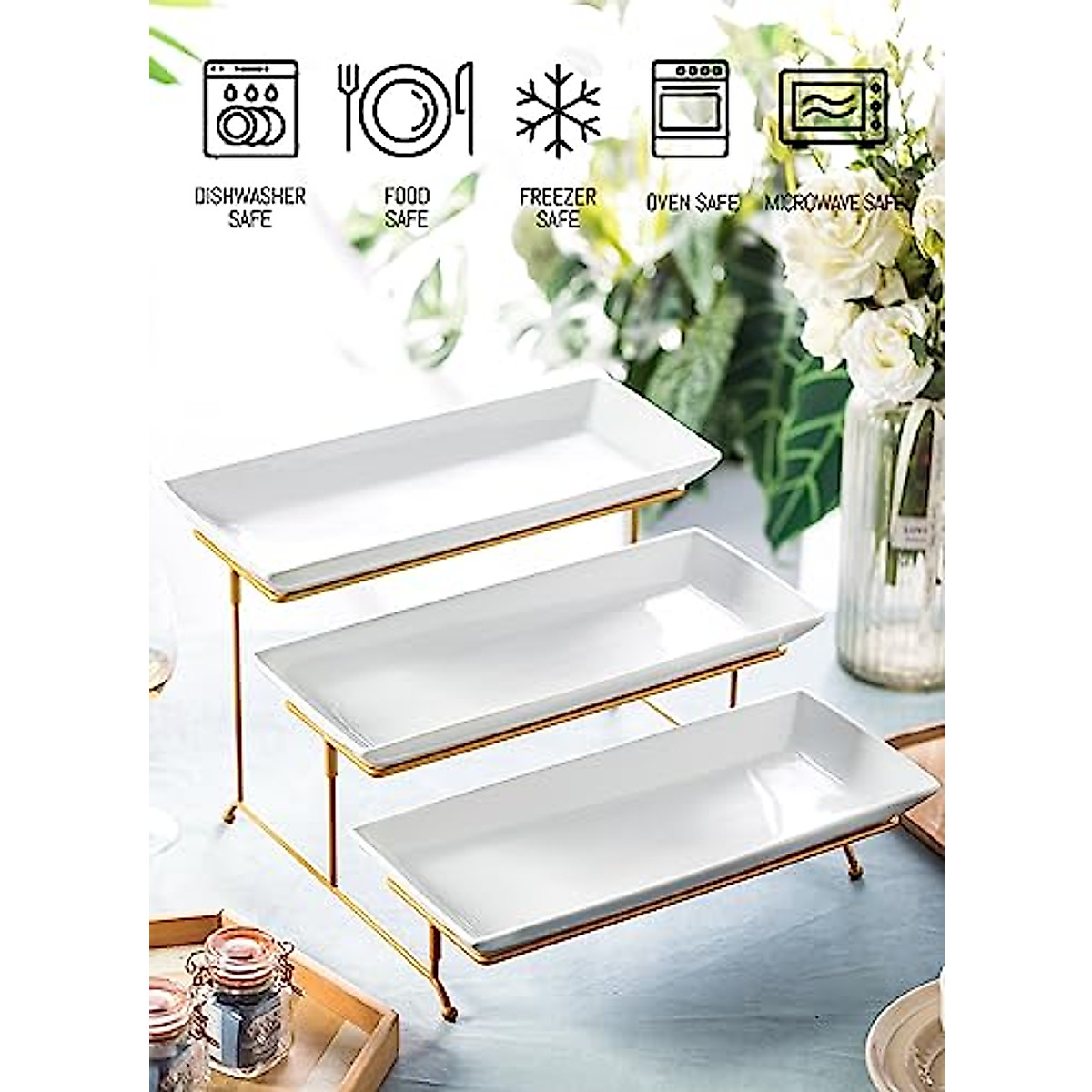 LYEOBOH 3 Tier Serving Stand and Platters Set Large Tiered with Collapsible Sturdier Rack 14 Inches Tray for Appetizer Fruit, Dessert Cupcake, White