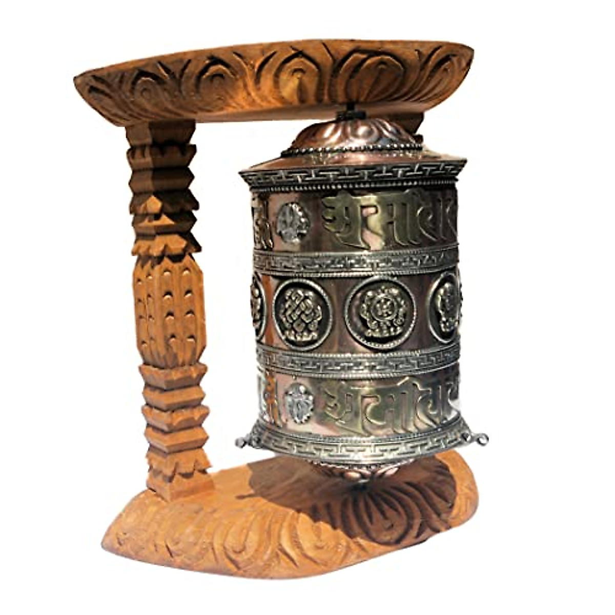 Large Tibetan Prayer wheel with wood frame 8 Auspiciouse symbol and Om Mane Pad mei hum, Hang it or sits in flat surface,handcrafted by Himalayan artisan in Nepal