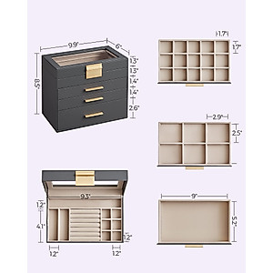 SONGMICS Jewelry Box with Glass Lid, 4-Layer Jewelry Organizer, 3 Drawers, for Sunglasses, Big Jewelry, Jewelry Storage, Modern Style, Gray and Gold Color UJBC161C01