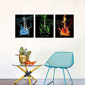 DZL Art A40934 3 Panels Red&Green&Blue Guitar Wall Art Pictures Print On Canvas Painting Wall Art Paintings Wall Artworks Pictures for Home Office Bedroom Wall Decor