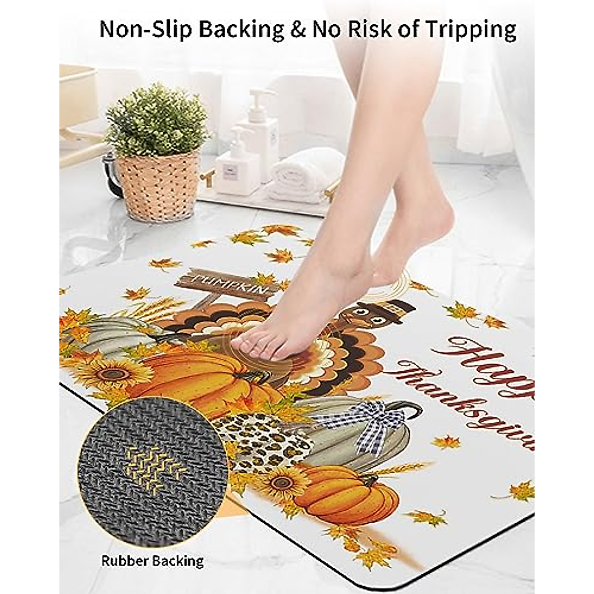 KITHOME Bath Mat for Bathroom Non Slip Thanksgiving Farm Turkey Pumpkin Sunflowers Diatomaceous Earth Bath Mats Highly Absorbent Door Mat Diatom Mud Washable Bathroom Mat for Tub Shower 16x24 Inch