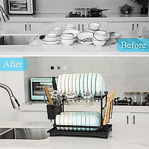 Juya Dish Drying Rack, 2 Tier Dish Racks for Kitchen Counter, Dish Drying Racks with Drainboard, Stainless Steel Kitchen Dish Rack for Tableware, Multifunctional and Easy Installation, Black