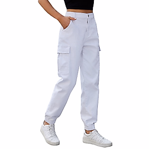 LONGYIDA Women's High Waisted Jean Joggers Elastic Waist Boyfriend Cargo Jeans Casual Loose Denim Joggers Stretch Pants(White,M)