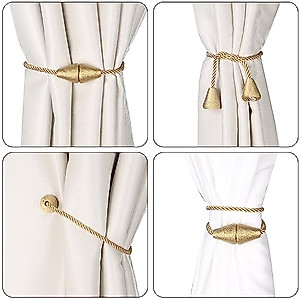 Groleca 4 Pack Magnetic Curtain Tiebacks Curtain Holdbacks Curtain Ties Curtain Pull Backs Modern Rope Tiebacks Drapery Holdbacks Tie Backs for Curtains (Gold,Cone-4 PCS)