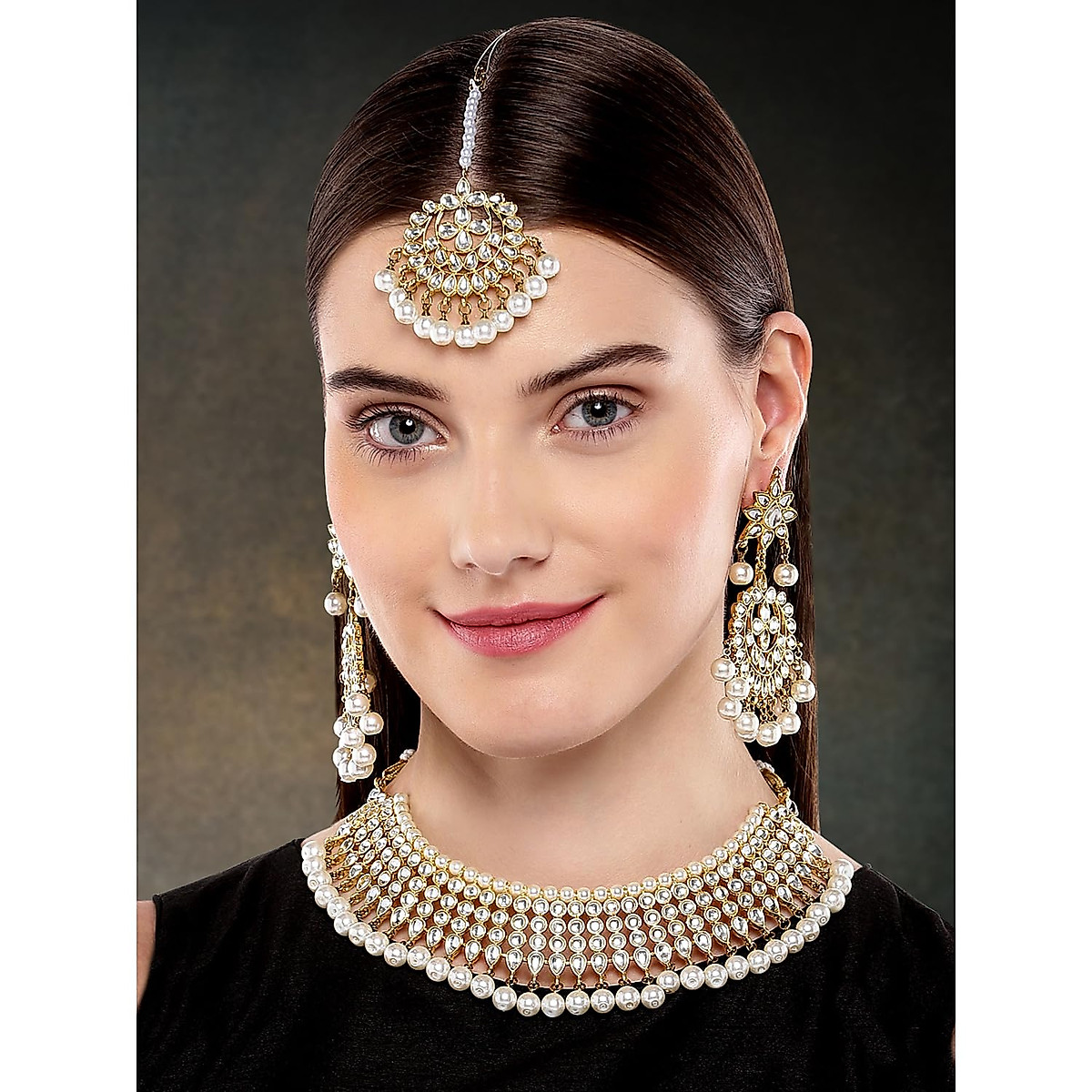 Aheli Ethnic Wedding Wear Faux Kundan Beaded Necklace (White) with Maang Tikka Set Indian Fashion Jewelry for Women