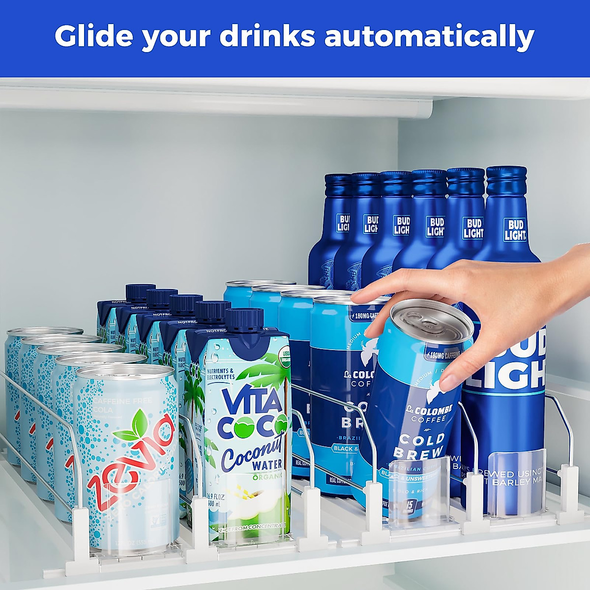 Puricon Drink Organizer for Fridge Pusher Glide, Spring Loaded Fridge Drink Dispenser, Self Pushing Soda Can Organizer for Refrigerator, Beer Bottle Beverage Organizer Drink Holder -2 Rows, White