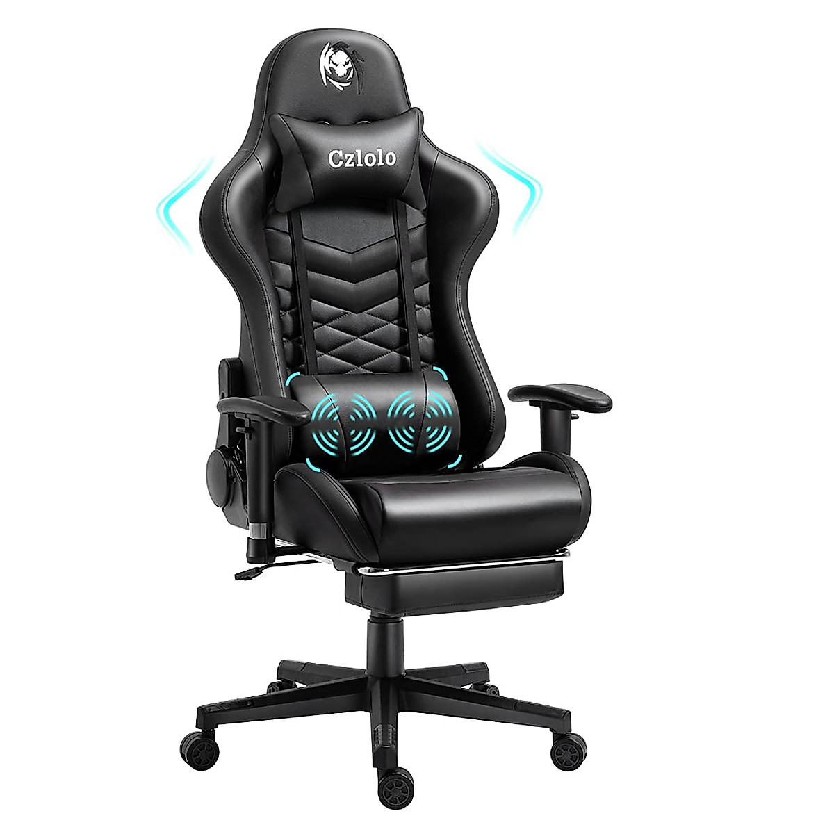 Czlolo Gaming Chair with Footrest and Massage, PU Leather Video Game Chair Racing Style Gaming Computer Chair, High Back Adjustable Recliner Gamer Chair for Adults, Black