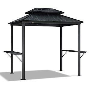 PURPLE LEAF 6' X 8' Hardtop Grill Gazebo for Patio Permanent Aluminum Barbeque Shelter Gazebo Canopy with Ceiling Hook and Shelves Double Tiered Grey Outdoor BBQ Gazebo