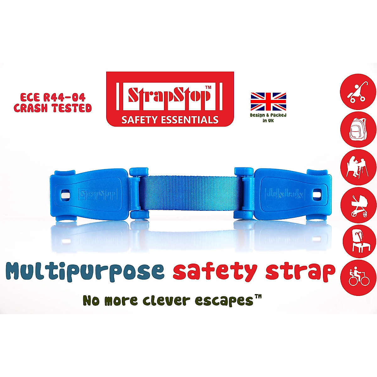 StrapStop - Multipurpose Safety Strap for Car Seats/Bike Seats/Strollers/Backpacks and More - Crash Tested (Blue)